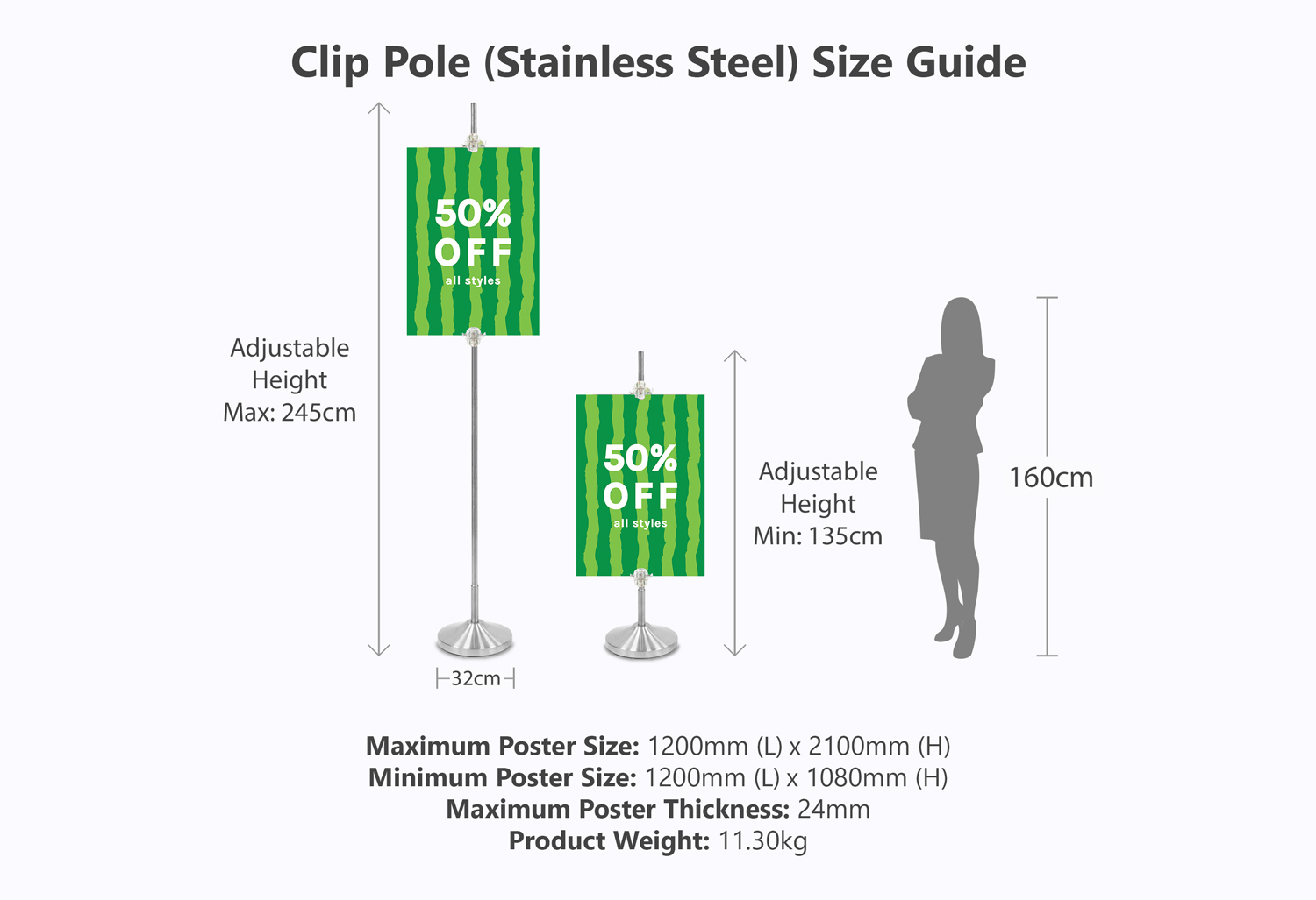 Adjustable Clip Pole (Stainless Steel Hairline) | Botak Sign